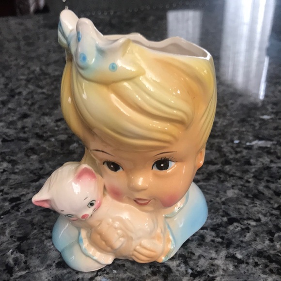 Vintage | Accents | Vintage Enesco Kitten Girl Head Vase Girl With A ...